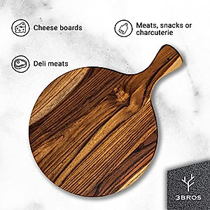 3Bros Teak Wood Round Cutting Serving Board - 13.4" Diameter with 4" Handle - High-Quality, Sustainable Wood - Ideal for Professional and Home Use - Elegant Presentation Platter