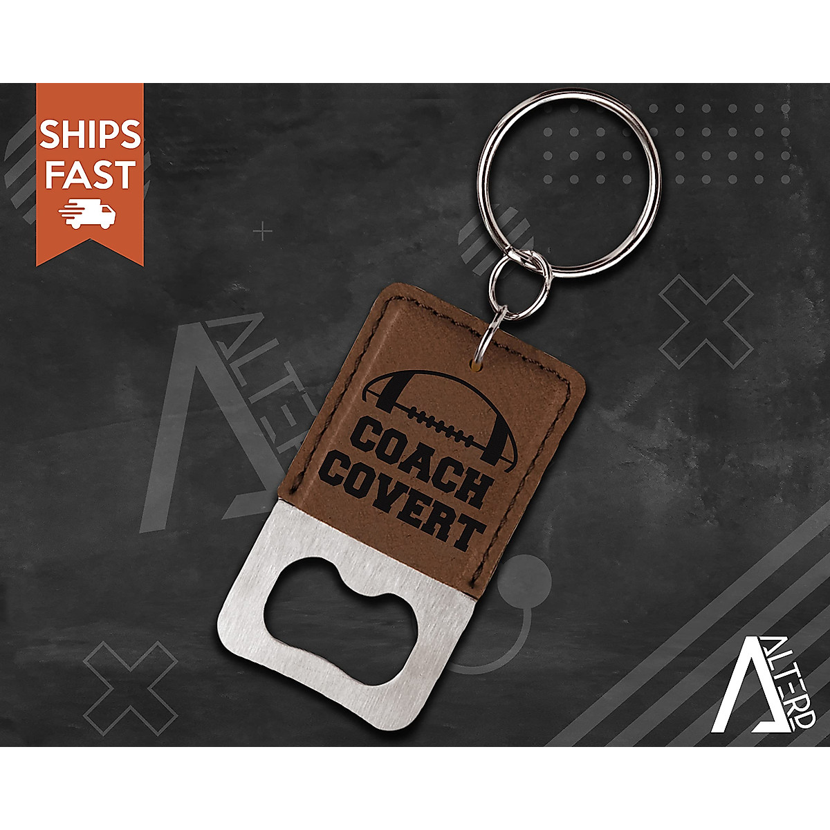 Alterd Industries Personalized Football Coach Gifts - Baseball Basketball Soccer Volleyball Tennis Bottle Opener Coach Gift End of Season Assistant Coaching Keychain (Brown/Black, Soccer)