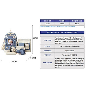 Kawaii Backpack 5Pcs Set Aesthetic School Bags 17in Cute Bookbag with Badge&Pendant,Shoulder Bag,Pencil Box,Tote Bag,Small Bag Blue