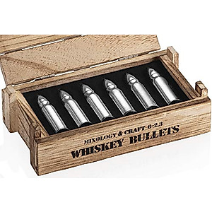Whiskey Stone Bullets Gift Set - Stainless Steel Bullet shaped Whiskey Stones in a Wooden Army Crate | Reusable Bullet Ice Cube for Whiskey | Whiskey Gift Set for Men, Dad, Husband, Boyfriend (Silver)