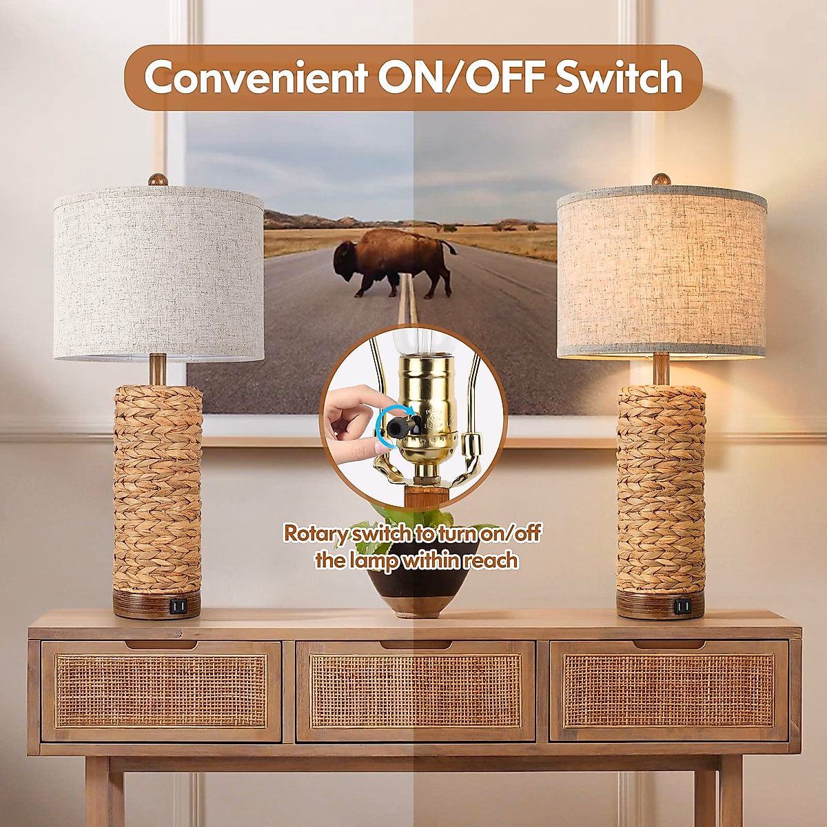 Set of 2 Rattan Table Lamps for Living Room with 2 USB Ports, 27in Tall Bedroom Lamp Costal Farmhouse, Rustic Woven Seagrass Bedside Nightstand Lamps for End Table, E26 Socket&Rotary Switch, No Bulb