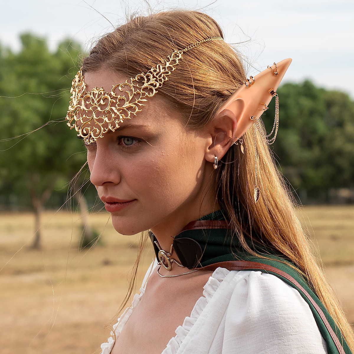 FRESHME Elf Ears with Piercings Earring Cuffs Set, Soft Fairy Elf Ears with Non-Piercing Gold Earrings Tassel Chain Cartilage Clips for Women Christmas Renaissance Halloween Costume Accessories