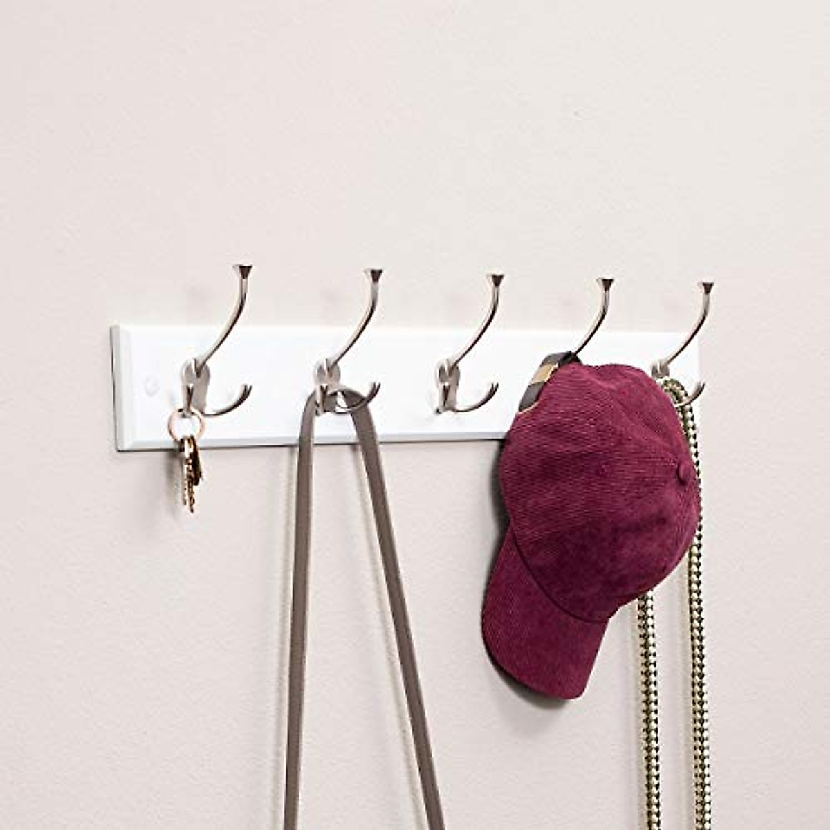 BIRDROCK HOME Tri Hook Coat Rack - 5 Hooks - Wall Mount Hat Rack - White Finish - Satin Nickel Hooks