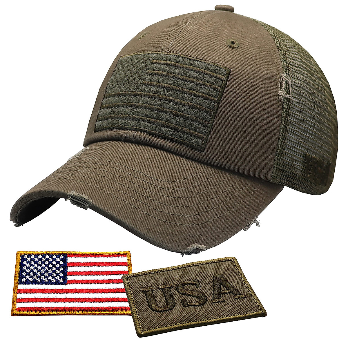 Antourage American Flag Unconstructed Hat for Men and Women Twill Mesh Snapback Baseball USA Flag Cap + 2 Patriotic Patches ((02) Olive Distressed Mesh Snapback)