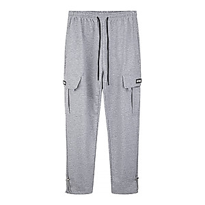 GYMBULLFIGHT Men's Cargo Sweatpants Loose Fit Pants Joggers for Men with Pockets, Open Bottom Drawstring Grey
