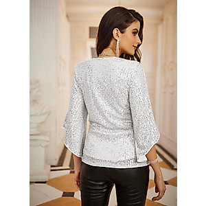 GRACE KARIN Women's Sequin Silver Top Sparkly 3/4 Sleeve Party Shirts Dressy Glitter Slim Fit Blouses 2XL