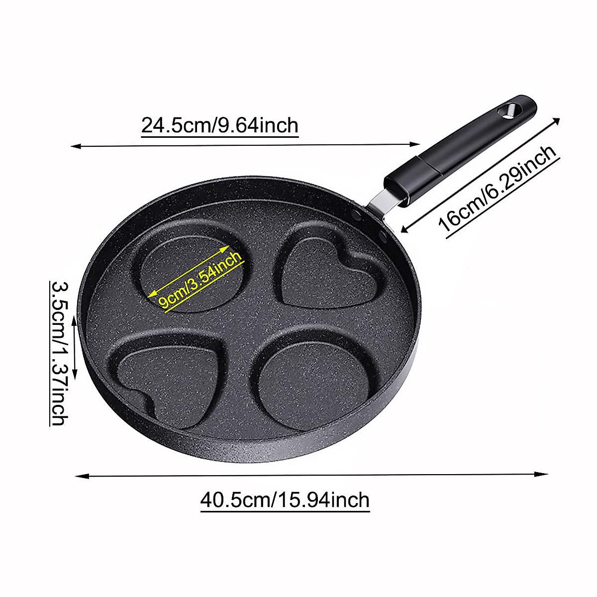 QNCIGER 9.7 "4-Hole Frying Pan Nonstick, Heart-Shaped Pancake Pan, Breakfast Egg Frying Pan Suitable for Gas Stove and Induction Cooker (Black)