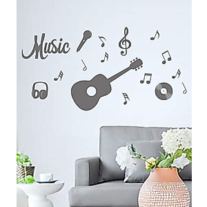 Guitar Music Wall Decal Sticker Musical Notes Music Notes Wall Decor Music Art Home Decor Vinyl Wall Mural Home Music Art Decoration Wall Stickers (1*Black+1*Grey)
