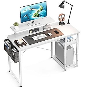 ODK 39 Inch Computer Desk with Monitor Stand and Reversible 2-Tier Storage Shelves, Home Office Desks, Work Study PC Office Desk for Small Spaces, White Desk with Shelves