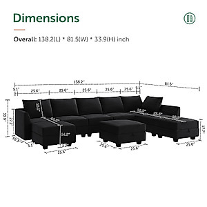 HONBAY Modular Sectional Sofa Set Oversized U Shaped Couch with Storage Ottoman Convertible Sleeper Sectional Sofa Velvet Modular Couch with Wide Chaise, Black