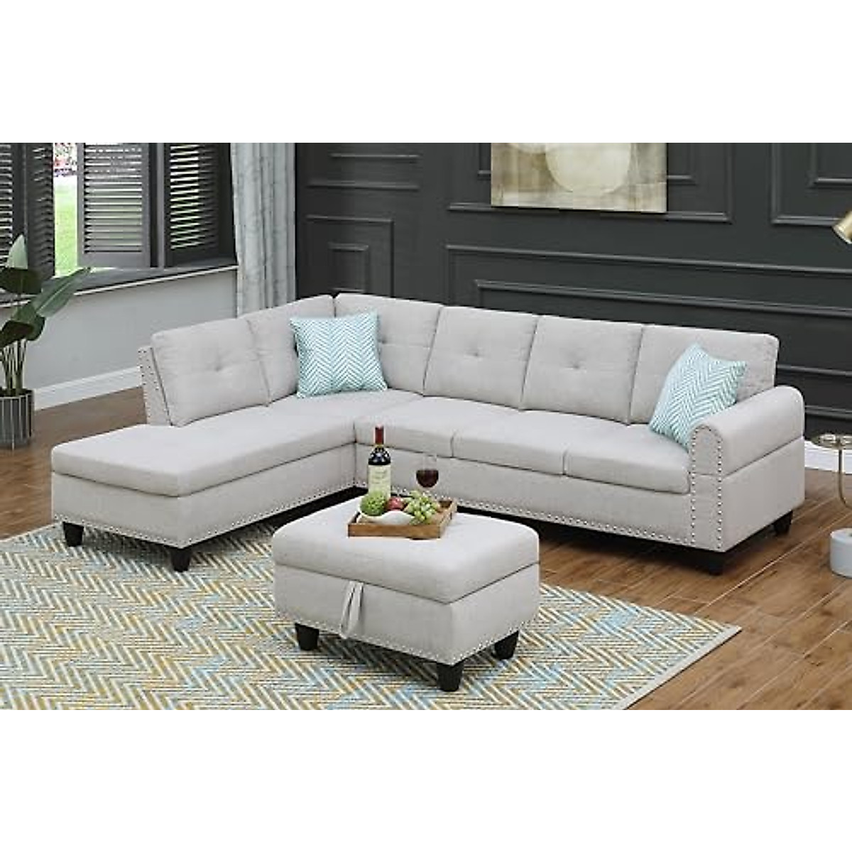 FANYE L-Shaped Sectional Sofa with Right Chaise & Nailhead Decor,Modern Faux Leather Tufted Upholstered Corner Sofa&Couch W/Cup Holders and Storage Ottoman for Home Apartment Office Living Room