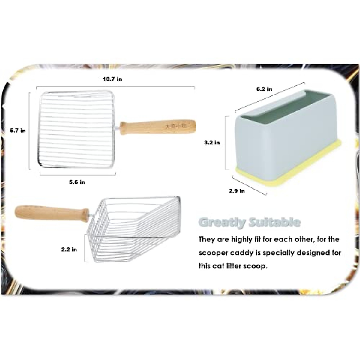 Vitisyao Metal Cat Litter Scoop with Holder, Fast Sifting Kitty Poop Scooper Caddy, Large Cat Poop Scooper Stand (Blue)