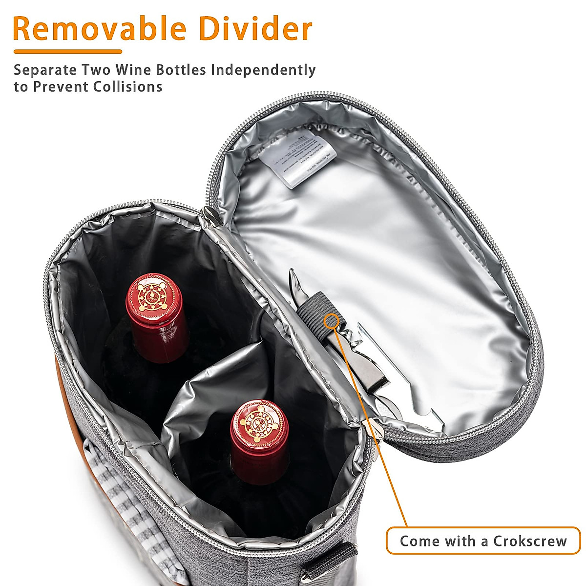 BABEYER 2 Bottles Wine Tote Bag Insulated Wine Cooler Carrier for Wine Tasting, Party, Travel, Beach, BYOB Restaurant, Sport Events, Wine Gifts for Women Wine Lovers-Grey