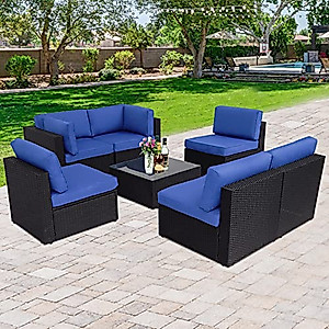 Peach Tree Outdoor Furniture All-Weather Sectional Wicker Sofa Set 7 PCs Patio Rattan Clearance with Washable Cushions and Coffee Table, Backyard, Pool