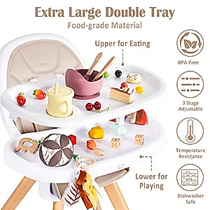 Baby High Chair with Double Removable Tray for Baby/Infants/Toddlers, 3-in-1 Wooden High Chair/Booster/Chair | Adjustable Legs | Easy to Assemble, Cream