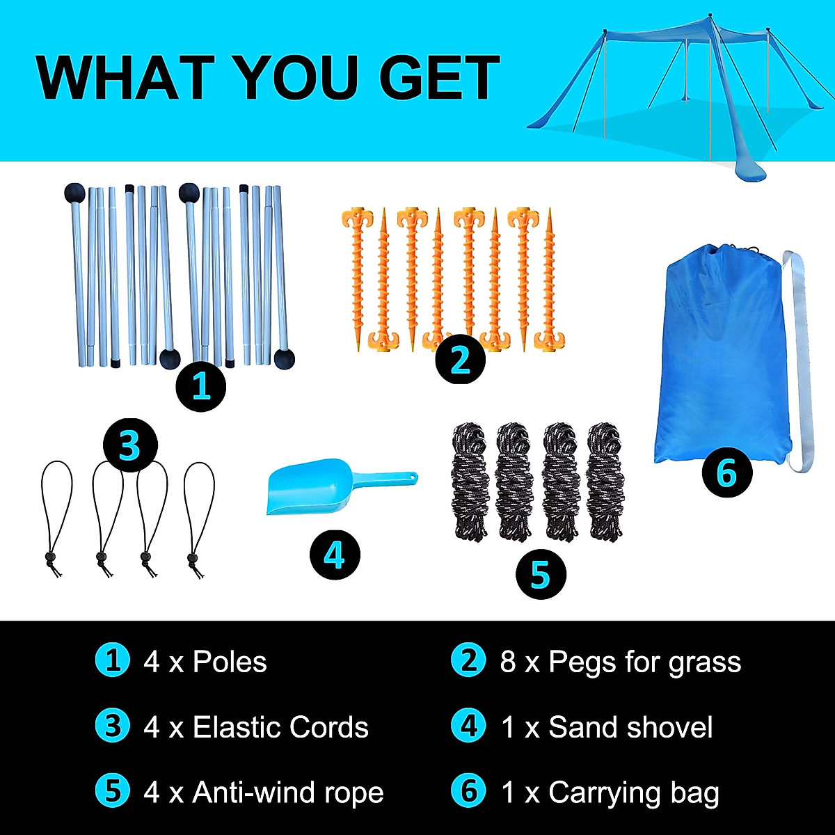 Beach Tent Sun Shelter with UPF 50+ UV Protection, Beach Canopy Sun Shade 11x11 FT with Sandbags, Poles and Ground Pegs and Anti-Wind Ropes, Pop Up Tent for Camping, Backyard and Picnics