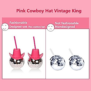 2 Pcs,Disco Ball Cups,Fashionable Pink Disco Ball Cowboy Hat,Disco Ball Cup with straw for Christmas Day,Halloween,Achelorette Party,New Year’s Eve,Birthday Party,Reusable And Removable