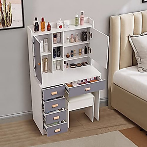 Large Makeup Vanity with Mirror 5 Drawers & Hide Cabinet,Storage Stool,for Girls/Women Bedroom, White