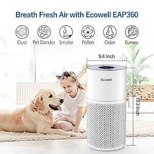 Air Purifiers for Home Large Room with Air Quality Sensor, Covers Up to 1640 Sq Ft, HEPA Filter, 360°Air Intake, Remove 99.97% Mold, Pet Dander, Dust, Odor, Smoke, ECOWELL Model: EAP360, White