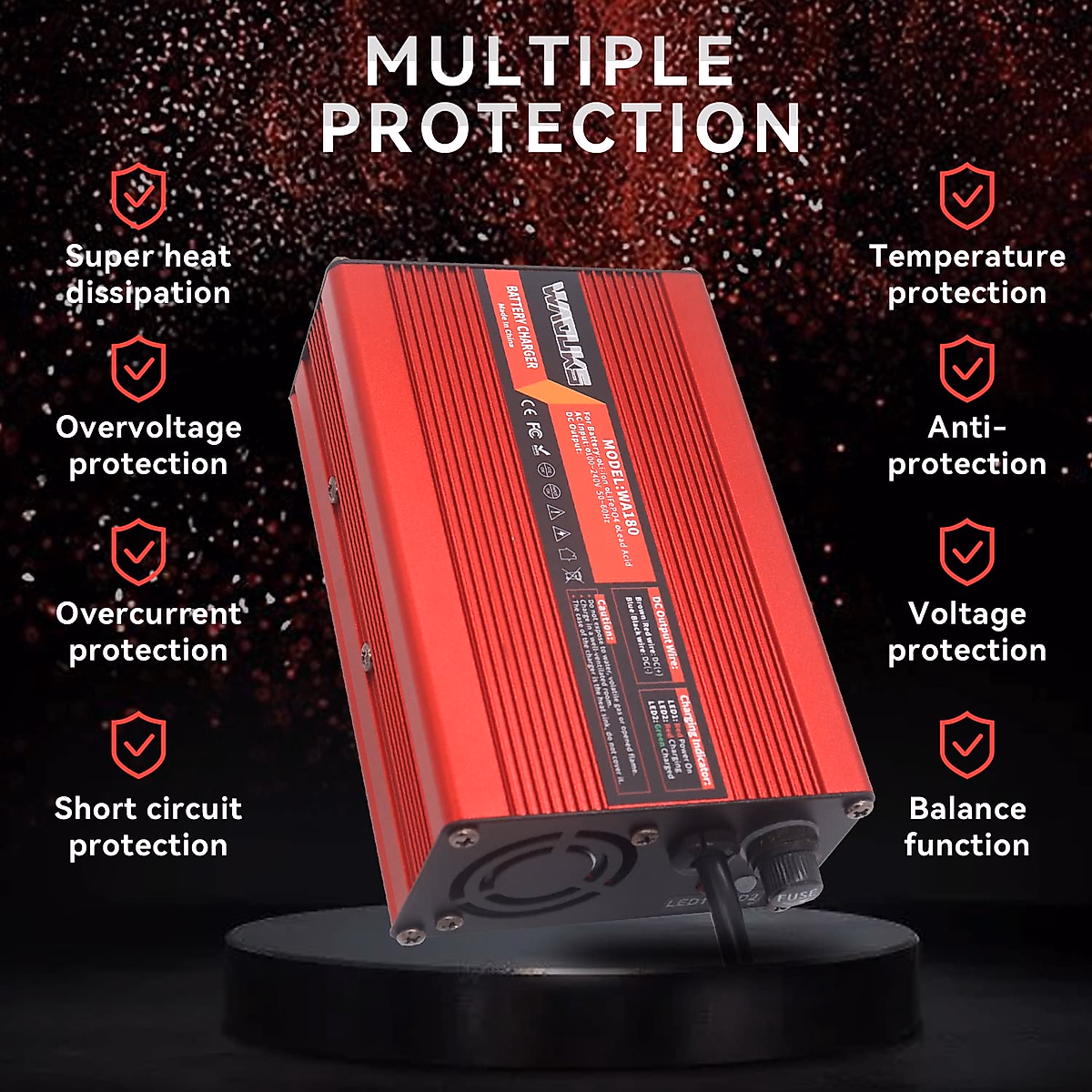 WAOUKS 54.6V 3A Li-ion Battery Charger Red Aluminum Case with Cooling Fan for 13S 48V 10Ah 15Ah 20Ah 30Ah 40Ah Lithium Li-ion Battery Pack with 5 Plugs Plug Connector