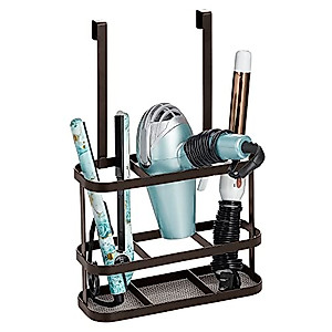 mDesign Steel Bathroom Over Cabinet Door Hair Tool Storage Organizer Accessory Basket Tray, Hang Holder for Hair Dryer, Straightener, Curling Iron, Styling Products, Carson Collection, Bronze