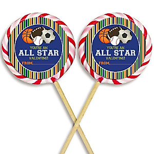 All Star Sports Valentine Party Favor Sticker Labels for Boys, 40 2" Party Circle Stickers by AmandaCreation, Great for Classroom Valentines, Envelope Seals, Gifts & Treats