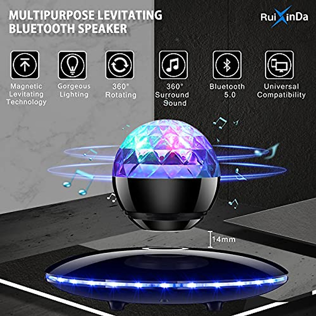 RUIXINDA Magnetic Levitating Bluetooth Speaker, Floating Speaker with Night Light Projector, Colorful Led Flashing Show for Home Birthday Party, Cool Tech Gadgets Birthday