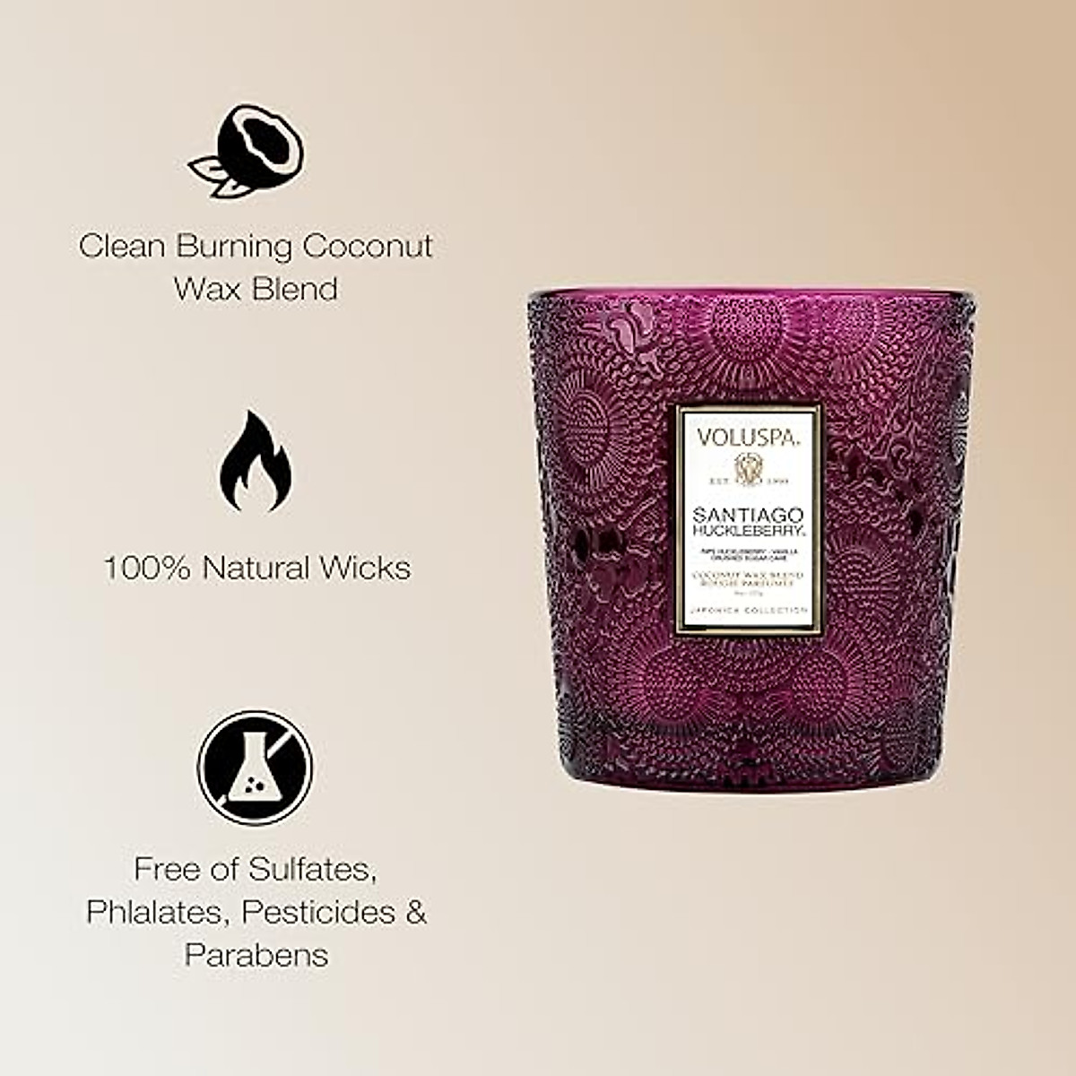 Voluspa Santiago Huckleberry, Classic Boxed Candle, 9 Ounce, 60 Hour Burn Time, All Natural Wicks and Coconut Wax for Clean Burning, Vegan, Poured in The USA