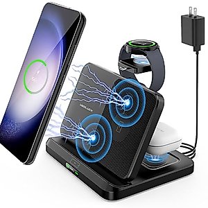 Wireless Charging Station for Samsung and Android, 3 in 1 Foldable Wireless Charger Fast Charger Stand for Galaxy S24/S23/S22/S21/S20 Z Fold 5/4/3 Z Flip 5/4/3, Note20 Ultra, Watch 6/5/Pro/4/3, Buds