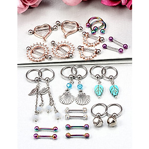 Vsnnsns 14G Nipple Rings Nipplering for Women 14mm Stainless Steel Chain Dangle Captive Nipple Rings Straight Tongue Ring Piercing Barbell Hoop Nipple Rings CZ Heart Shape Piercing Jewelry 12 Pairs