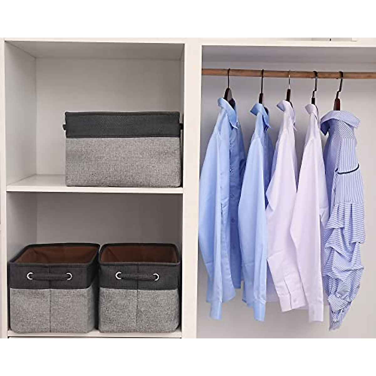 MAQIAO 3 Pack Collapsible Storage Bin Foldable Canvas Fabric Storage Basket Cube Box, Sturdy Organizer with Handles for Home, Office, Nursery, Closet Shelves (Black and Grey)
