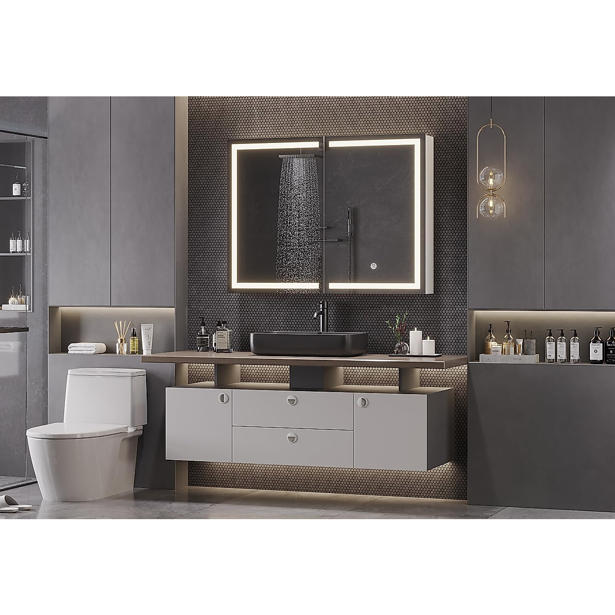 DICTAC Lighted Medicine Cabinet with Mirror and Storage Bathroom Wall Cabinet with Mirror and Outlets 31.5''x23.6'' Wall Mounted Mirror Medicine Cabinets with Led Lights and Adjustable Shelves,White