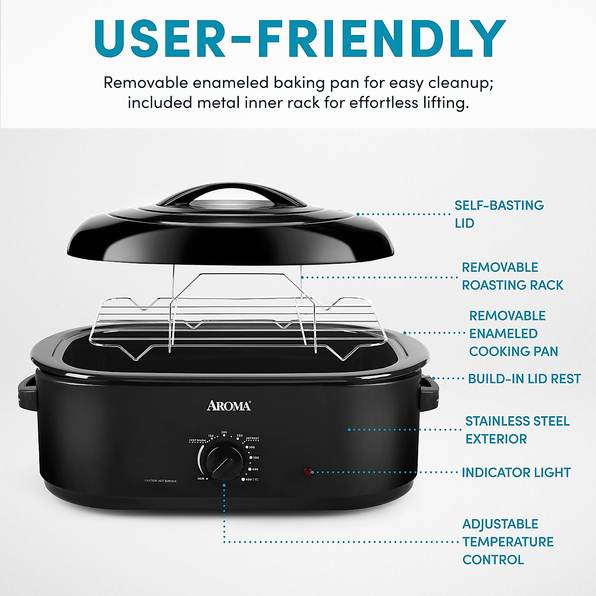 AROMA 18Qt. Roaster Oven with Self-Basting Lid, Fits 22-lb. Turkey, Adjustable Temperature Settings, Keep Warm Setting, Black (ART-718B)