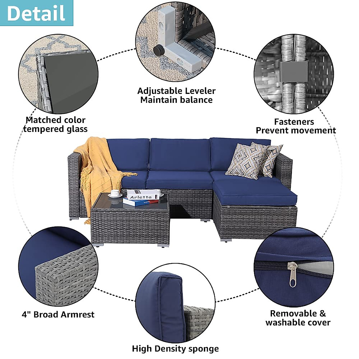 Patiorama 5 Piece Outdoor Patio Furniture Set, Outdoor Sectional Conversation Set, All-Weather Grey PE Wicker w/Navy Blue Cushions, Outdoor Backyard Porch Garden Poolside Balcony Furniture Set