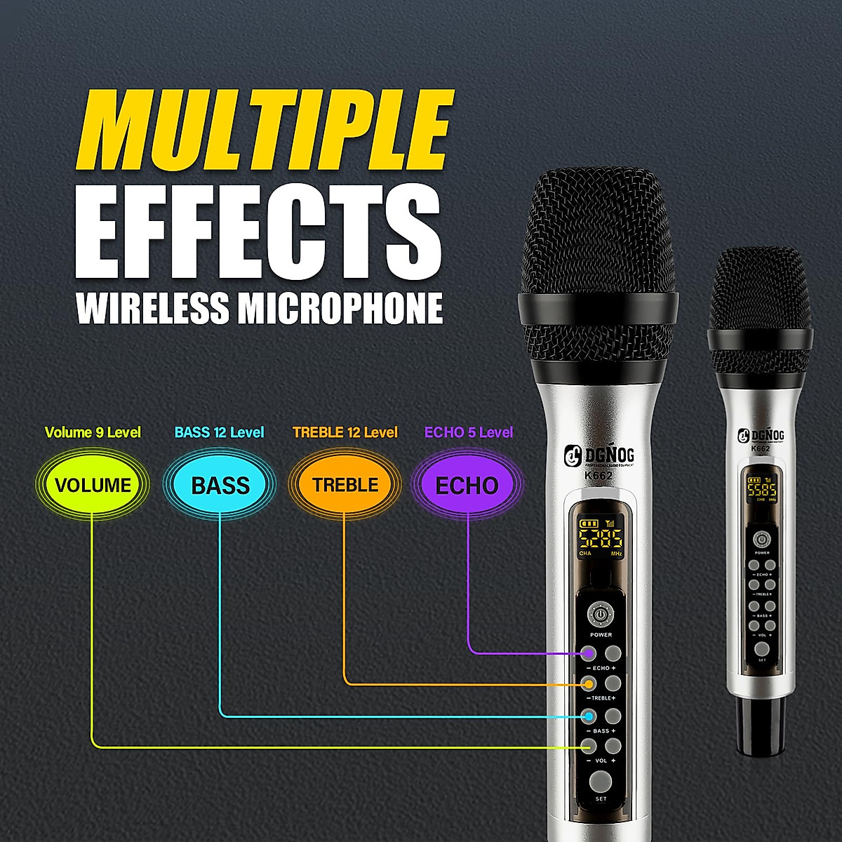 DGNOG K662 Metal Wireless Microphones with Echo, UHF Dual Cordless Handheld Karaoke Dynamic Mic System with Rechargeable Receiver, 200FT Range for Singing, Wedding, Speech, Dj, Church, Party