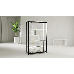 Displays2go 48 Inch Glass Display Case, Nine LED Lights, Four Shelves, Lockable Hinged Doors - Black (LESC4816BK)