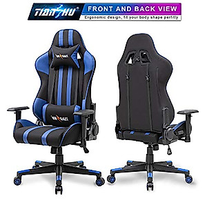 TIANSHU Gaming Chair High Back Computer Game Chair Office Chair PP Fabric & PU Leather Racing Chair PC Ergonomic Chair with Headrest and Lumbar Pillow Adjustable Swivel Chair E-Sports Chair, Blue