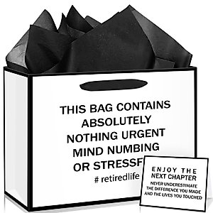 Black White Retirement Gift Bags Retirement Theme Paper Wrapping Bag with Tissue and Funny Retirement Card Black White Happy Retirement Party Decorations Gifts for Men Women Farewell Going Away Party Supplies