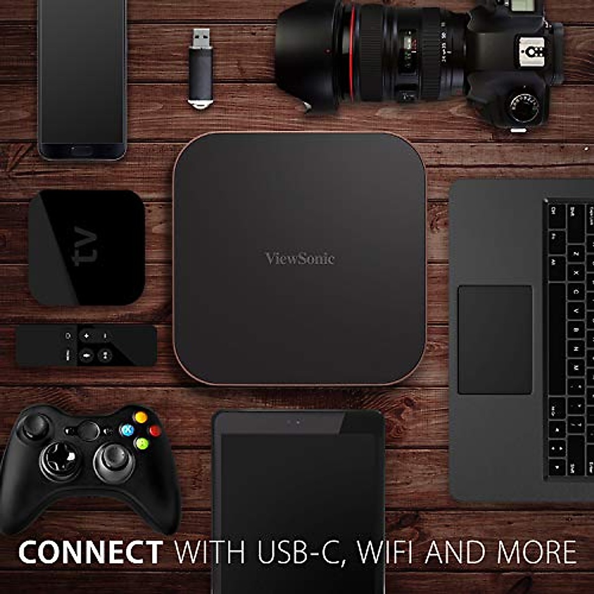 ViewSonic M2 1080p Portable Projector with 1200 LED Lumens, H/V Keystone, Auto Focus, Harman Kardon Bluetooth Speakers, HDMI, USB C, 12GB Storage, Stream Netflix with Dongle