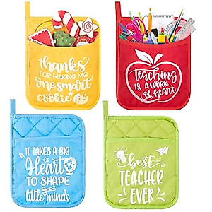 OSNIE 4Pcs Teacher Appreciation Pot Holders Heat Resistant Microwave Oven Mitt Potholders with Hand Pocket Hanging Loop Machine Washable Hot Pads Set End of The Year Teacher Gift for Cooking Baking