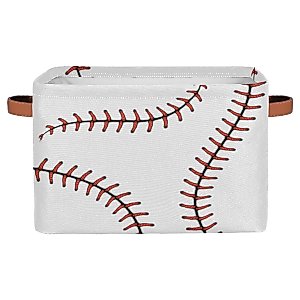 Baseball Storage Bin Basket, White Softball Large Toys Storage Cube Box with Handles, Collapsible Laundry Basket Rectangular Waterproof Storage Organizer Bin for Nursery Bedroom Shelves Gift Basket