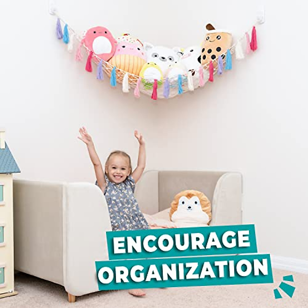 Familla Girls XL Toys & Stuffed Animal Hammock for Kids Room with LED String Light | Jumbo Toy Hammock Organizer | Corner Toy Net for Stuffed Animals & Plushie Storage | Macrame Plush Animal Net Toy Storage