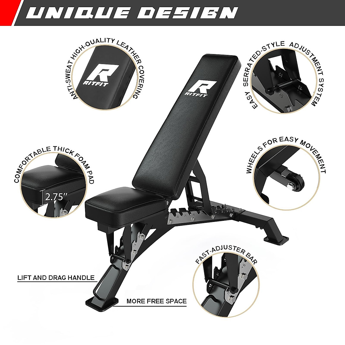 RitFit Squat Rack Power Cage Home Gym Package, Includes 1000LBS Power Rack with LAT Pull Down, Weight Bench, Rubber/Bumper Plates Set with Olympic Barbell (Package 1.6K (Bumper Plate 230LBS))-Orange