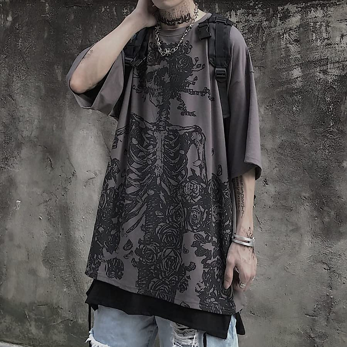 Women Man Y2K Skeleton T-Shirt, Punk Aesthetic Goth Skull Graphic Alternative Grunge Oversized Top Tshirts Streetwear (Gray,4XL,4X-Large)