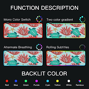 Large RGB Gaming Mouse Pad Pattern Turtles Sea Stars Corals Wallpapers Glowing Extended Mousepad 35.4x15.7in, Soft Anti-Slip Rubber Base Luminous Mouse Mat for Pc Laptop, Gaming, Office, Home