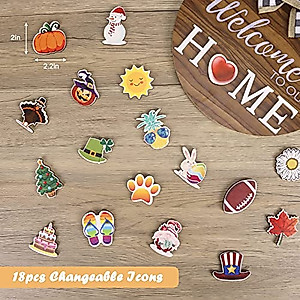 JPSOR Interchangeable Seasonal Welcome Sign, Round Wood Wreaths with 18 Seasonal Icons for Front Door, Farmhouse Home Porch All Seasons Outside Decor