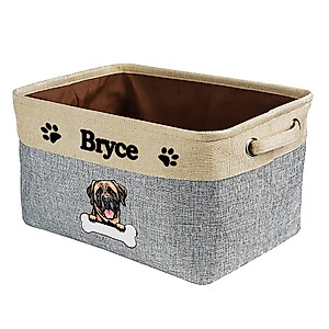 MALIHONG Personalized Foldable Storage Basket with Lovely Dog Mastiff Collapsible Sturdy Fabric Bone Pet Toys Storage Bin Cube with Handles for Organizing Shelf Home Closet, Grey and White