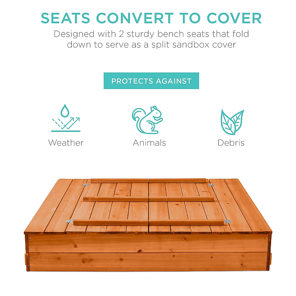 Best Choice Products Kids' Outdoor Wooden Sandbox Large, Cedar Wood with Foldable Bench Seats and Sand Protection, Bottom Liner Included - Brown