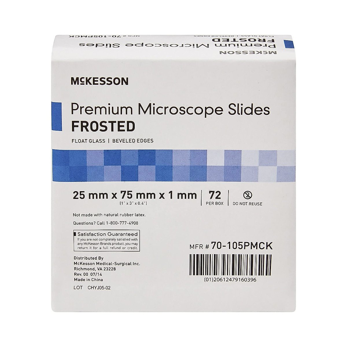 McKesson Premium Microscope Slides, Frosted, Float Glass, Beveled Edges, 25 mm x 75 mm x 1 mm, 72 Count