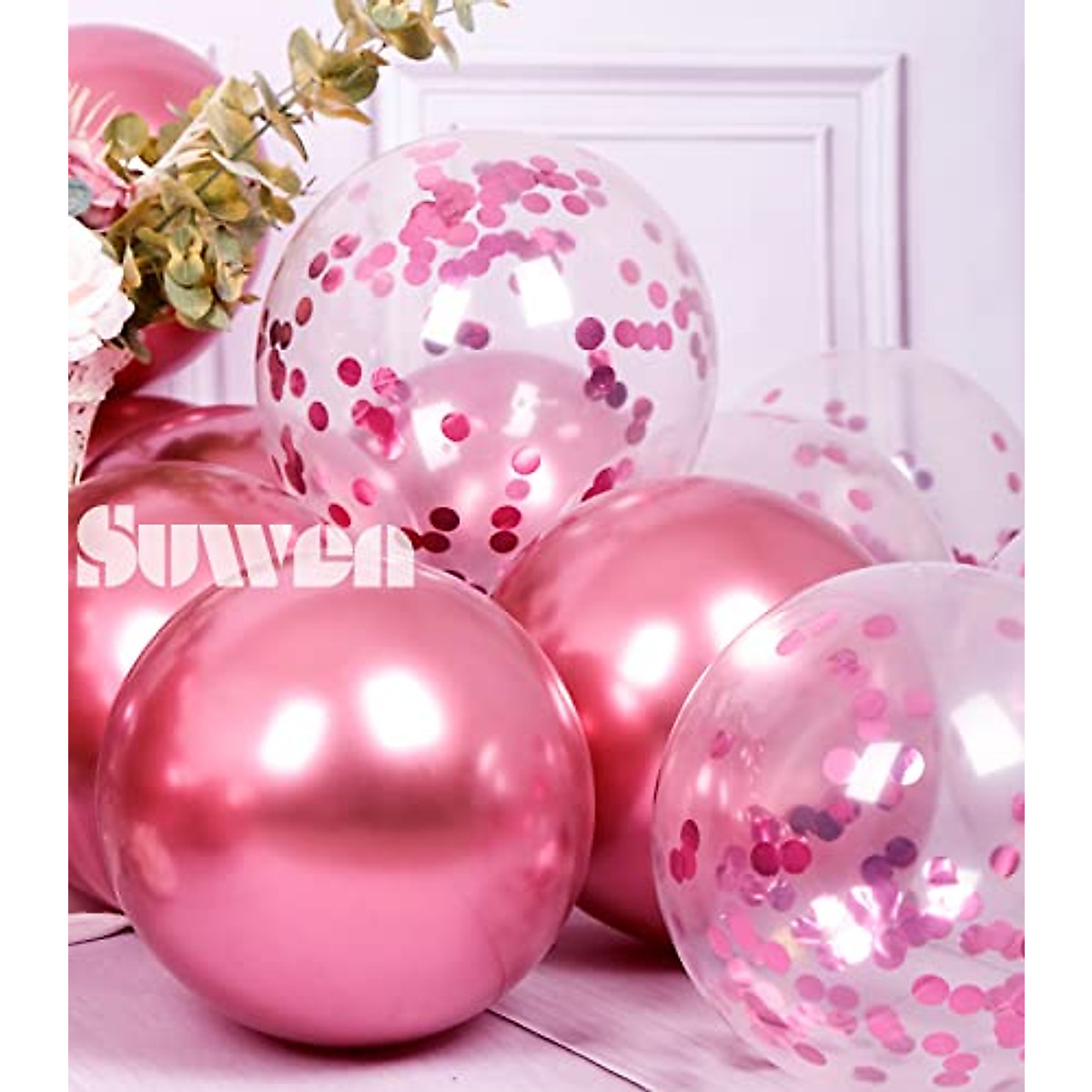 SUWEN Metallic Hot Pink Balloons and Confetti Balloons Set 47PCS Latex Helium Chrome Magenta Balloon for Birthday Graduation Anniversary Party Decorations
